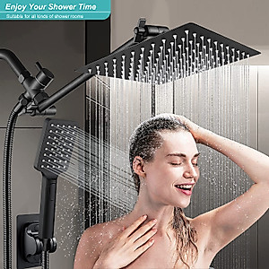 Shower Head, 10'' High Pressure Rainfall Shower Head with 3 Settings Handheld Shower Combo with 11''Extension Arm, Anti-leak Square Rain Shower Head with 78'' Hose/Holder(Matt Black Shower Heads)