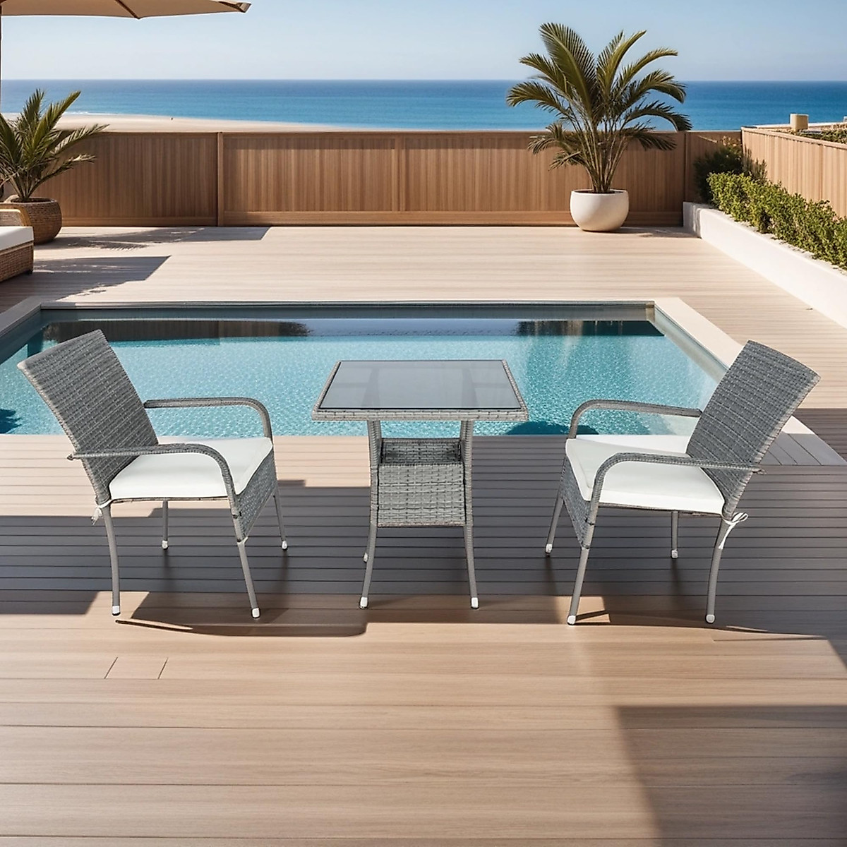 3 Piece Patio Conversation Set, Wicker Garden Bistro Set, Waterproof Outdoor Furniture Set Patio Table and Chairs, Rattan Outdoor Conversation Set with Cushions, Coffee Table (3 Pieces)