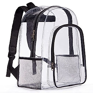 ZJIE Clear Backpack Heavy Duty Transparent Backpack See Through Backpacks Clear PVC Bookbags for School, Work, Travel, Security, Stadium, Black