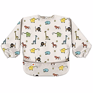 Long Sleeve Baby Bib for Boys and Girls w/Food Catcher Pocket - Waterproof, Wipe Clean, Machine Wash, Fast Drying Feeding Smock - Recycled Polyester - Animal Print Suitable for Babies to Toddlers
