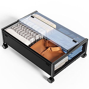 LEHOM Under Bed Storage with Wheels, Plastic Underbed Bins with Sturdy Metal Tubes Rolling Under Bed Drawer Storage Container with Window and Handle for Bedding, Clothes, Blanket, Shoes (2 Pack metal)