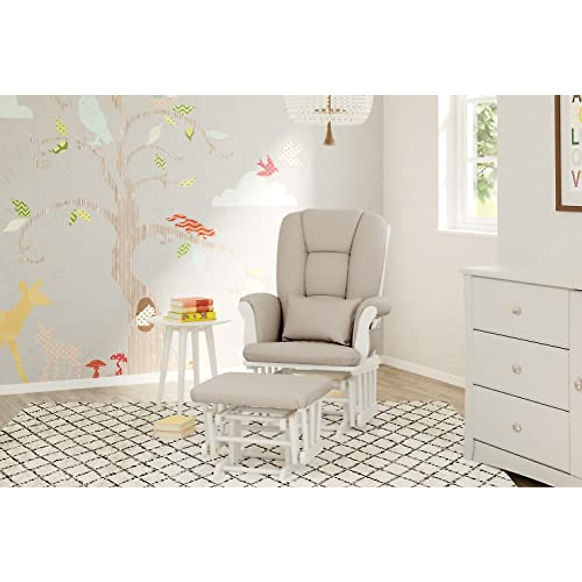 Storkcraft Tuscany Custom Glider and Ottoman with Free Lumbar Pillow (White/Taupe Swirl) - Cleanable Upholstered Comfort Rocking Nursery Chair with Ottoman