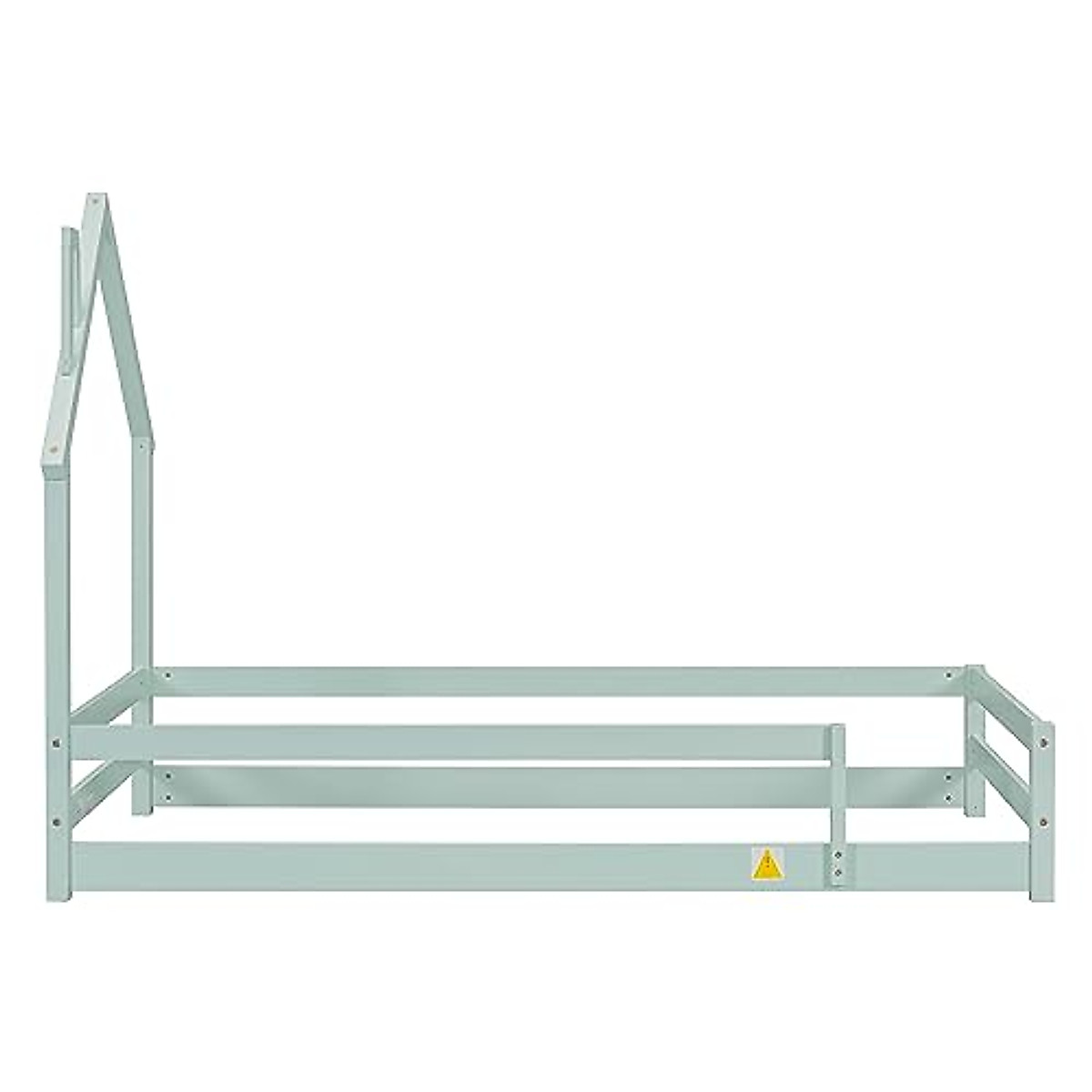 SIYSNKSI Twin Size Platform Bed, Wooden Platform Bed Frame with House-Shaped Headboard, Floor Bed with Fences for Kids Boys Girls Bedroom, Easy Assembly (Light Green + Pine 04)