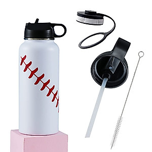 32 oz Baseball Sports Water Bottle Insulated 2 Lids Straw Travel Tumbler Durable Stainless Steel Vacuum Bottle (white)