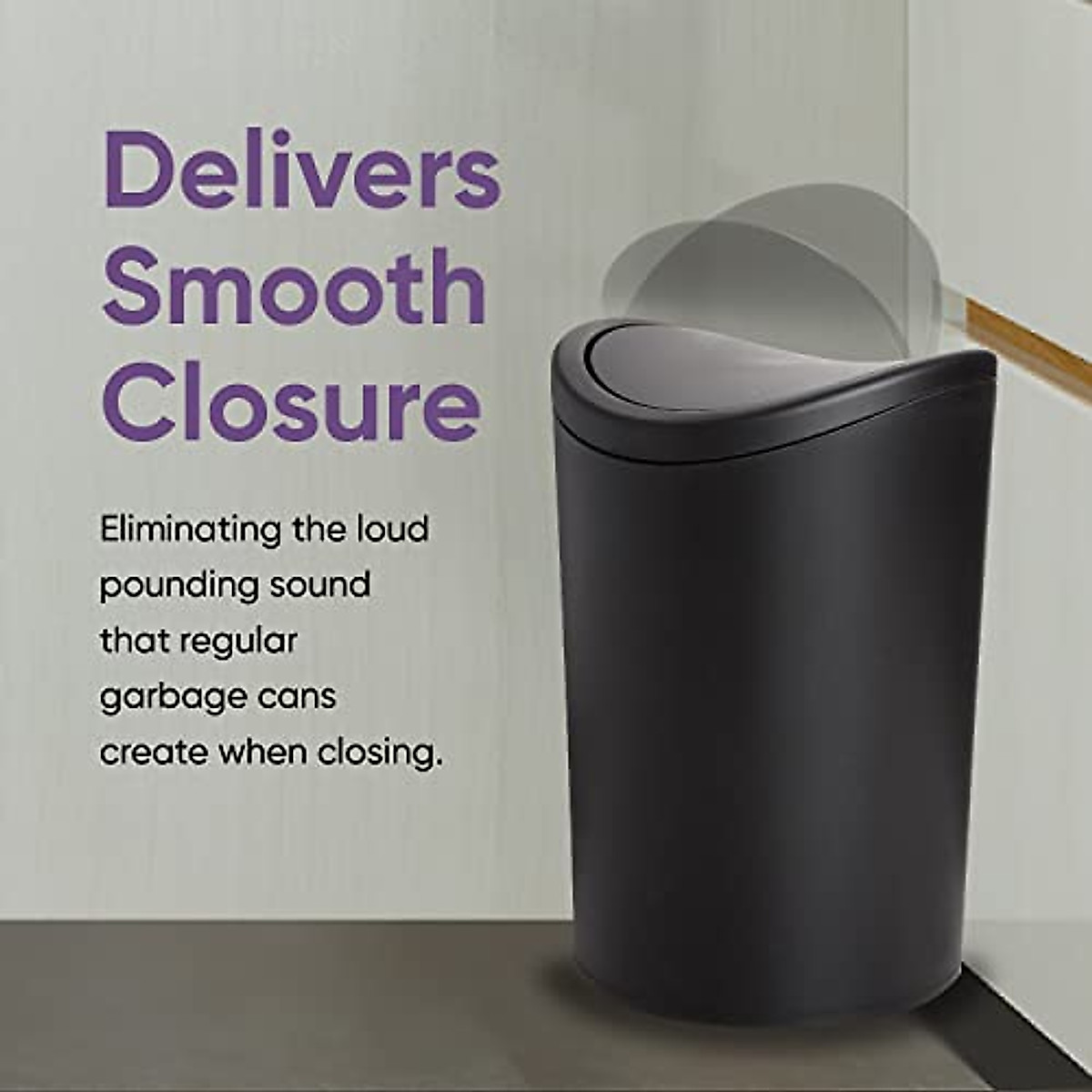 Superio Small Plastic Bathroom Trash Can with Lid 6 Liter, Black Mini Waste Bin 0.75 Gallon, Modern Flat Lid Step On Trash Can with Foot Pedal, Bathroom, Bedroom, Office, Under Desk, Soft Close