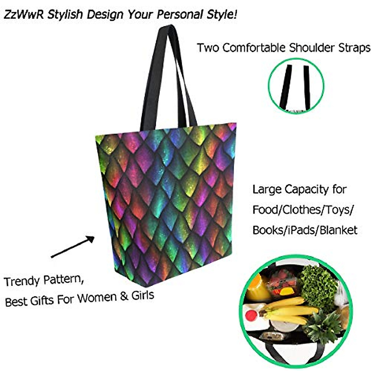 ZzWwR 3d Trendy Colored Dragon Scale Print Extra Large Canvas Shoulder Tote Top Handle Bag for Gym Beach Travel Shopping