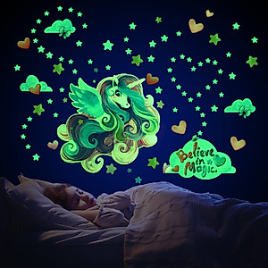 Unicorn Wall Decals for Girls Bedroom, Glow in The Dark Stars Stickers of Colorful Hair Unicorn, Believe in Magic Wall Stickers, Bright Ceiling Stars for Girls Bedroom Decor, Unicorn Gifts for Girls