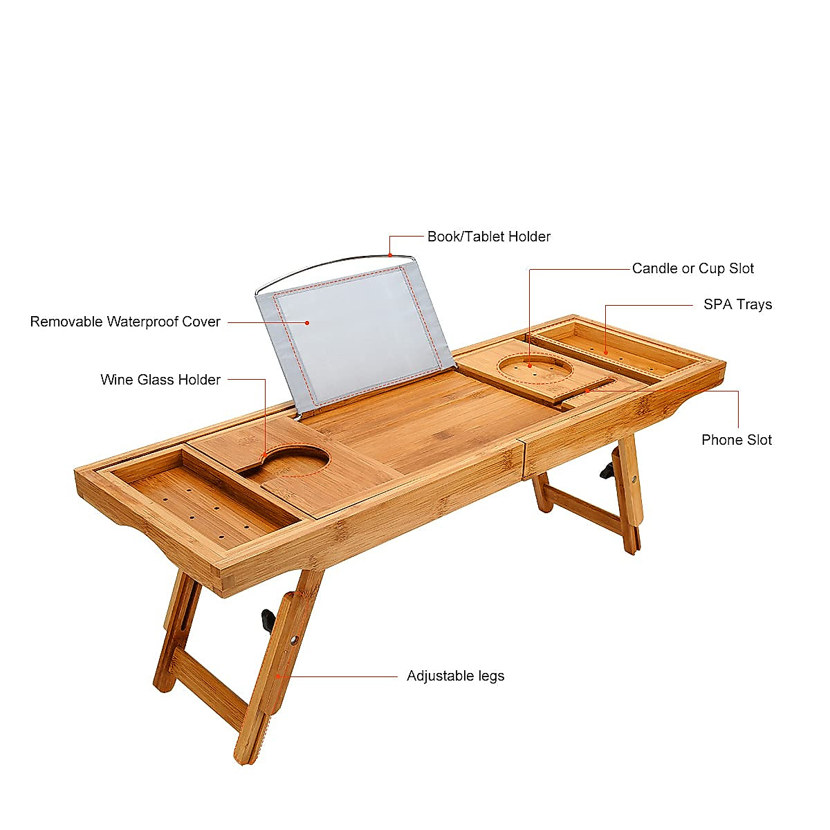 Hossejoy Bathtub Caddy Tray& Laptop Desk with Foldable Legs, 2 in 1 Wisdom Design – Luxurious Bathtub Caddy with Extending Sides, Tablet Holder, Reading Rack,Cellphone Tray and Wine Glass Holder