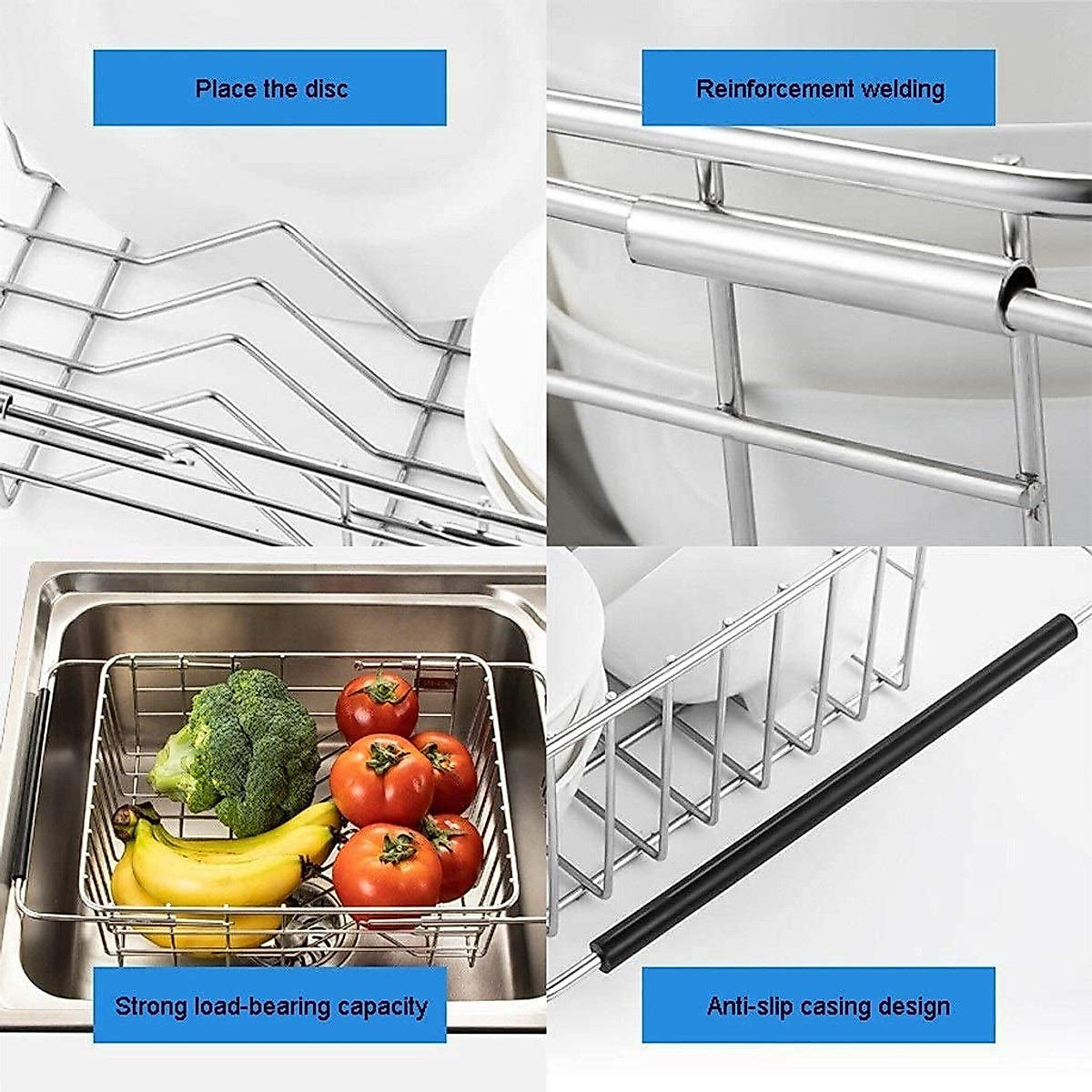 Plate Rack Draining Dish Rack Expandable Dish Drying Rack Organizer And Utensil Cutlery Holder, Stainless Steel Over Sink Dish Rack Pan Plate Holder
