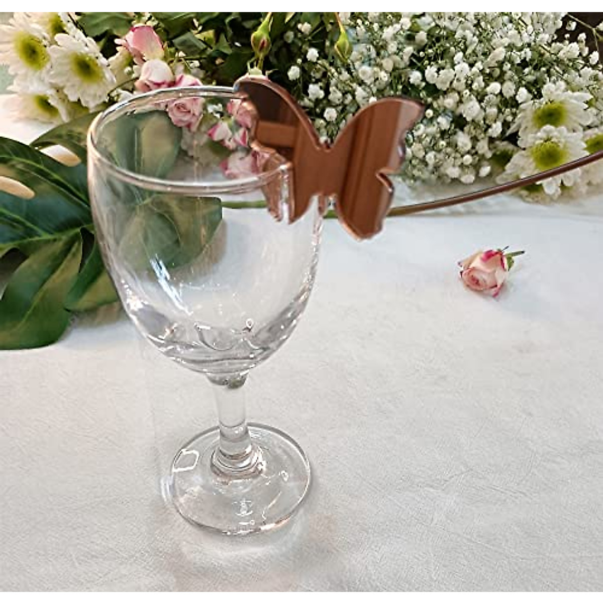 XIAOYUE 20pcs of Acrylic Drink Markers,Mirrored Butterfly Champagne Glass Markers,Blank Wedding Drink Charm,DIY Butterfly Place Names Wedding Favours (Rose Gold Mirror)