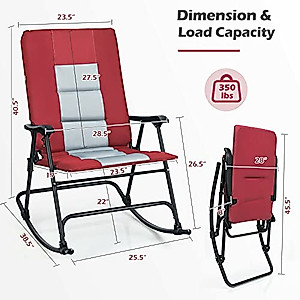 Giantex Camping Rocking Chair Foldable Oversized with Padded Armrest and Seat Folding Lawn Chair 350 lbs Weight Capacity for Outdoor, Patio, Lawn, Backyard, Garden Portable Chair (1, Red)