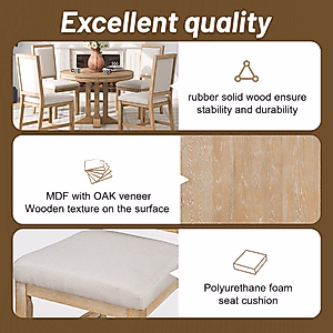 Knocbel 5-Piece Dining Sets 42-58" Extendable Round Table with 4 Upholstered Chairs, Farmhouse Rubber Solid Wood Frame Dining Set for 4 to 6 People Kitchen Dining Room, Natural Wood Wash