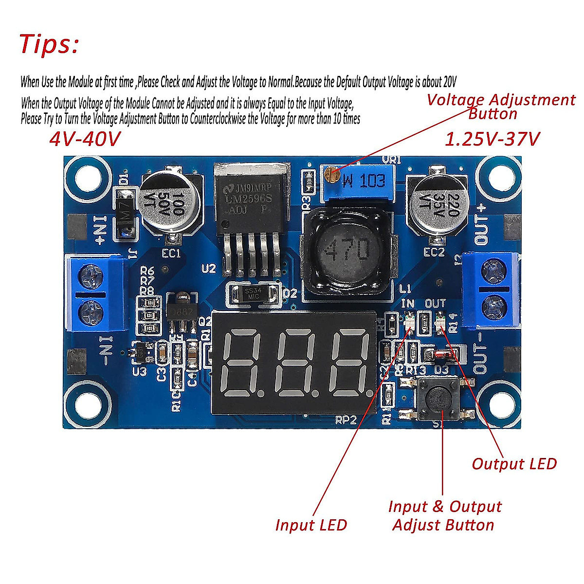 AEDIKO 8pcs LM2596 Buck Converter DC-DC LM2596S Voltmeter Buck Converter Step-Down Regulator 4.0-40V to 1.25-37V DC 36V to 24V to 12V to 5V Power Supply Module with LED Display