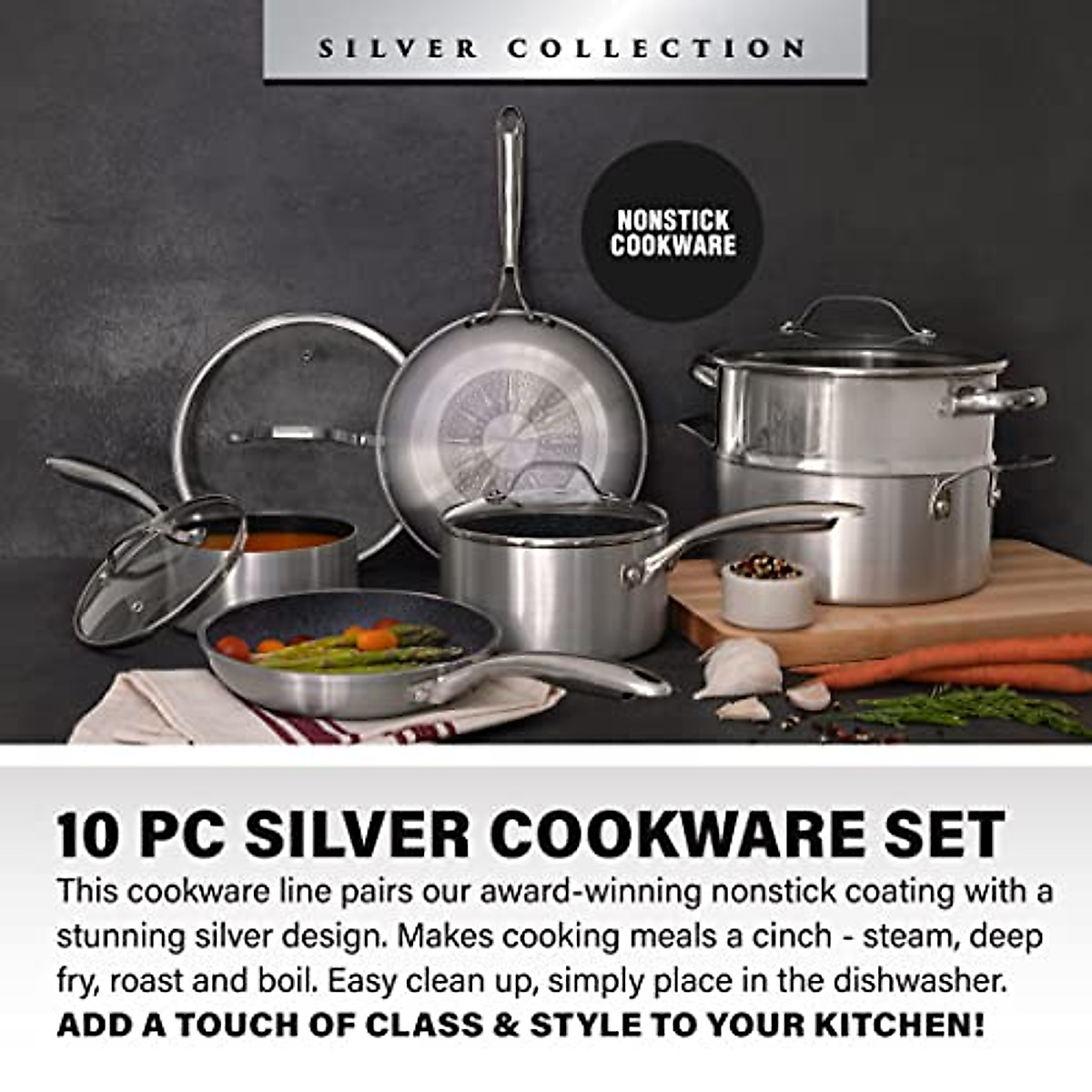 Granitestone Pots and Pans Set Nonstick, 10 Piece Complete Kitchen Cookware Set with Induction Cookware, Includes Nonstick Pots and Pans Set with lids & Stainless-Steel Steamer, Dishwasher Safe-Silver