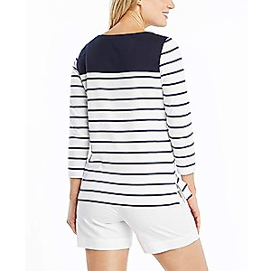 Nautica Women's Boatneck 3/4 Sleeve 100% Cotton Shirt, Indigo, Large