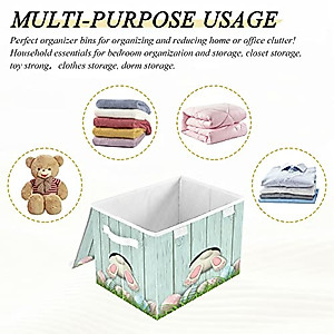 Storage Bins with Lids Foldable Storage Baskets Storage Cubes Collapsible Closet Organizer Containers with Cover Easter Bunny White Rabbit Eggs on Green Wooden for Home Office Organizer Closet, Shelv