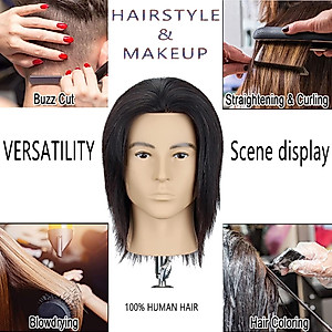 HAIRWAY Male Mannequin Head with 100% Human Hair 8 Inch Hairdresser Practice Cosmetology Styling Training Manikin Doll Head with Table Stand Clamp (Natural Black)