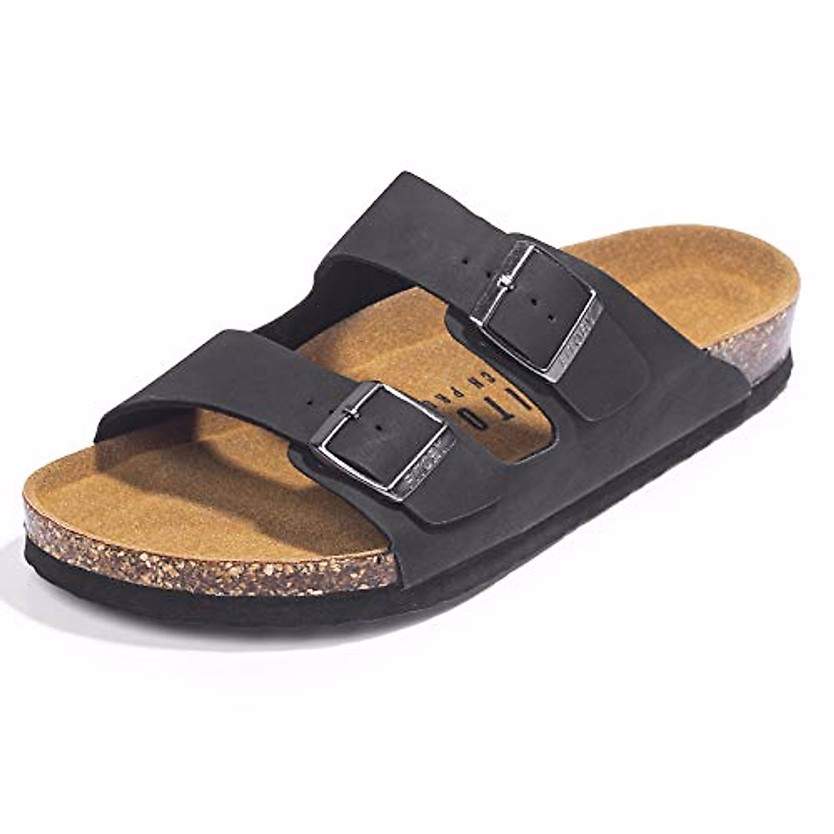 FITORY Mens Sandals, Arch Support Slides with Adjustable Buckle Straps and Cork Footbed Black Size 8