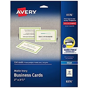 Avery Printable Business Cards with Sure Feed Technology, 2" x 3.5", Ivory, 250 Blank Cards for Inkjet Printers (08376)