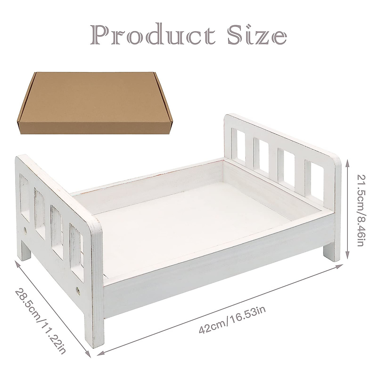 SPOKKI Newborn Photography Props Bed, White Wooden Baby Photoshoot Props Bed, Doll Bed with Box for Newborn Photoshoot