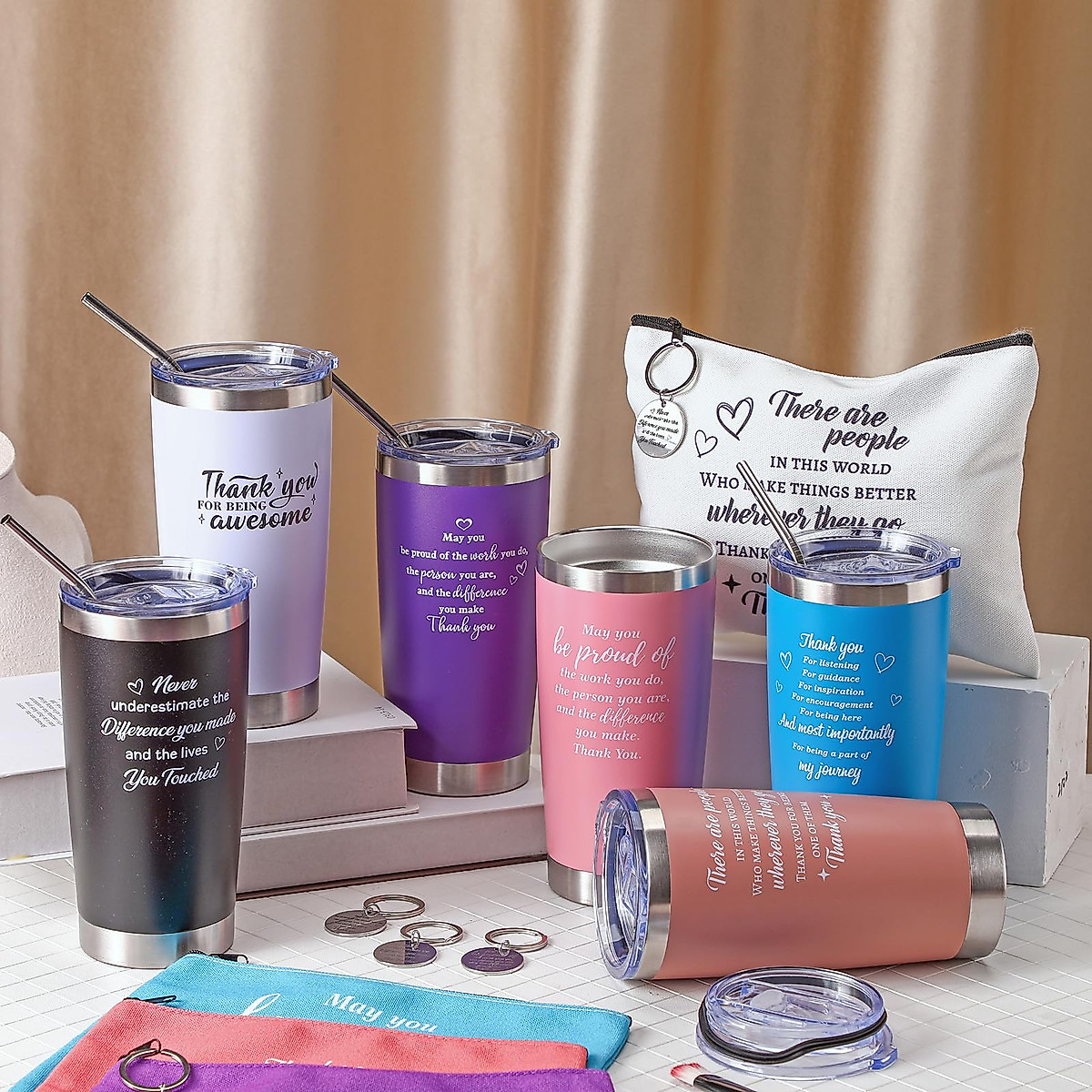 Suttmin 18 Pcs Employee Appreciation Stainless Steel Tumbler 20 oz with Makeup Cosmetic Bags Keychains Thank You Gifts Sets Bulk for Teachers Inspirational Gifts for Coworkers(Colorful, Simple)