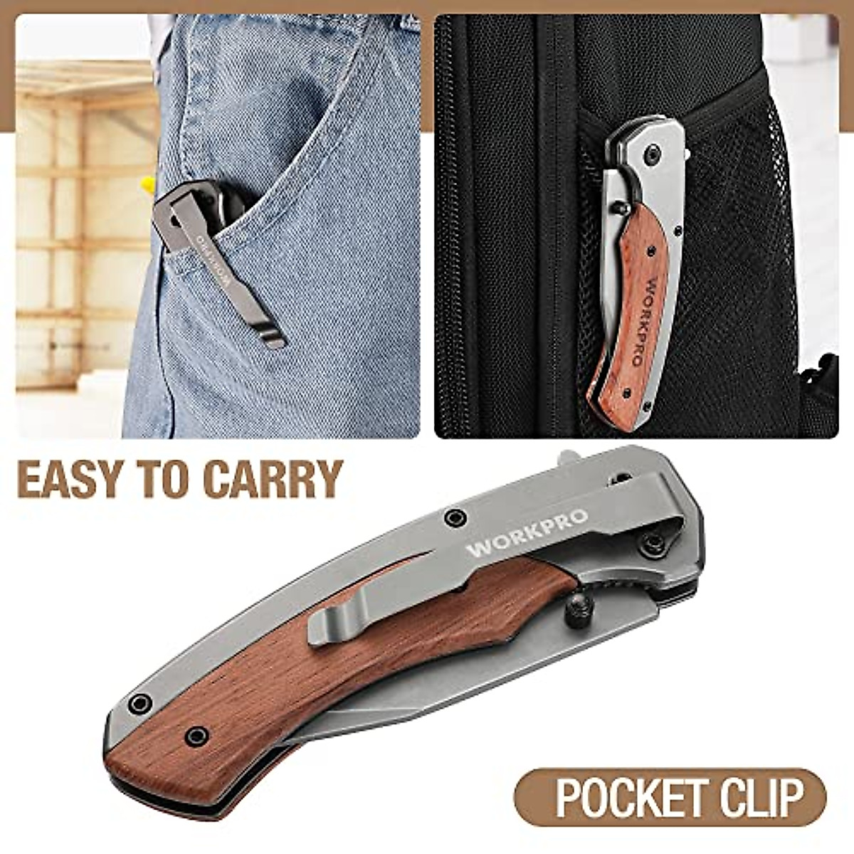 WORKPRO Folding Utility Knife & EDC Pocket Knife, Quick-Change Wood Handle Razor Box Cutter and Foldable Knife Kit with Extra 10PC SK5 Blades for Indoor and Outdoor Activities