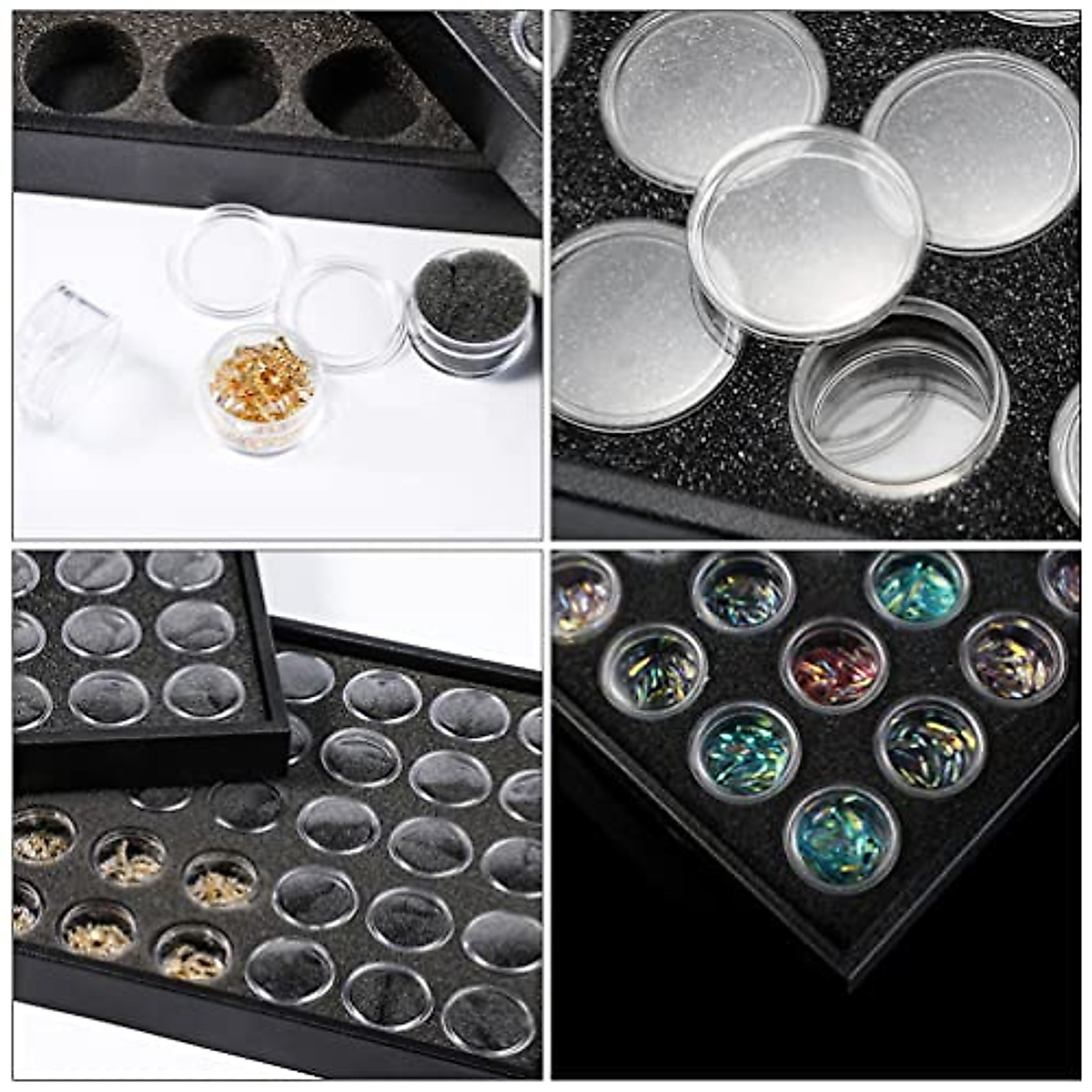 KALLORY Diamonds for Nails Clear Plastic Round Storage Box 50 Grids Craft Gem Beads Display Storage Case Jewelry Organizer Container for Nail Glitter Rhinestone Crystal Accessories Black