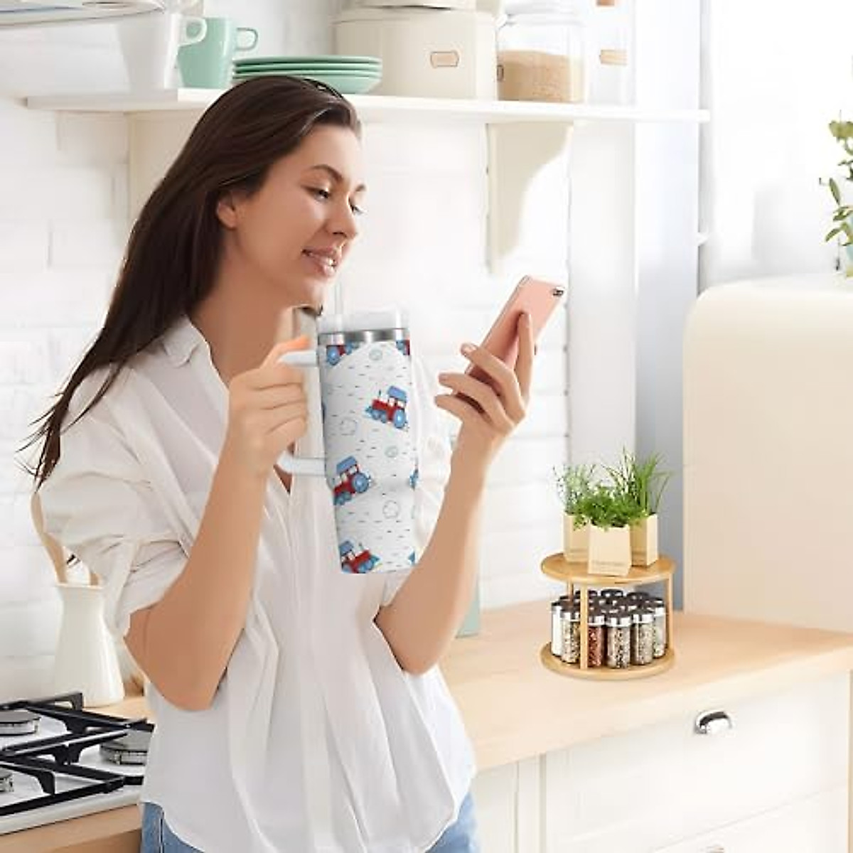 Caikeny Insulated Tumblers with Lid and Straw Cute Hand Drawn Seamless Pattern with Cartoon Trains 40 oz Reusable Stainless Steel Cup Water Bottle Coffee Travel Tumbler Mug for Women Men