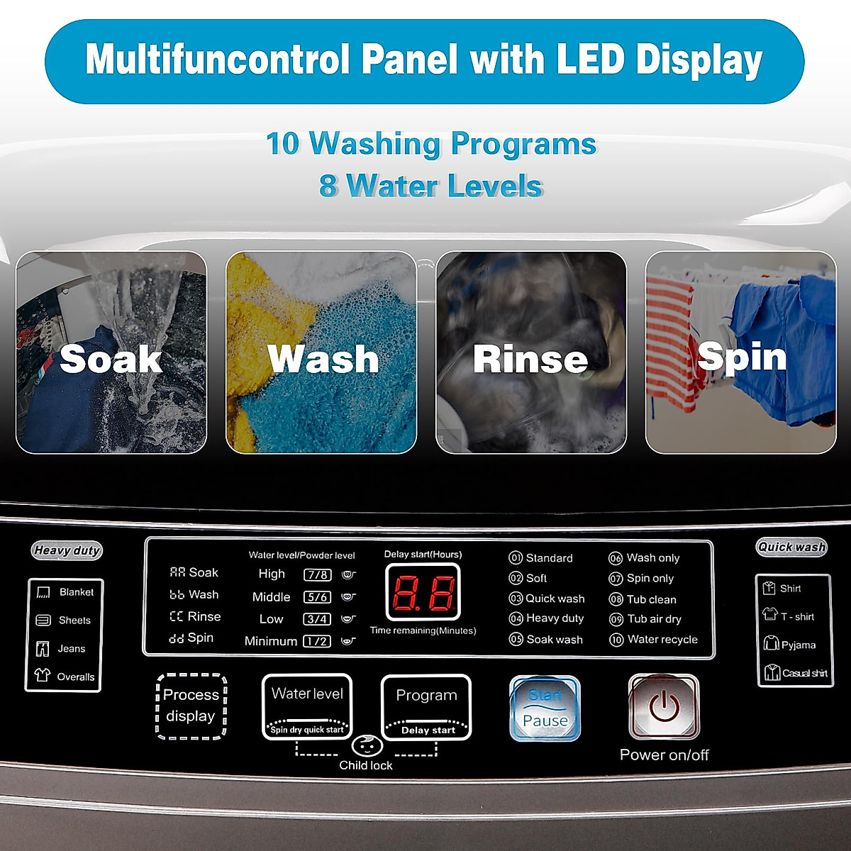 Anukis Fully Automatic Portable Washing Machine, 13 lbs Capacity Compact Laundry Washer with Drain Pump 10 Wash Program & 8 Water Levels for Apartment, Dorm, RV, Gold