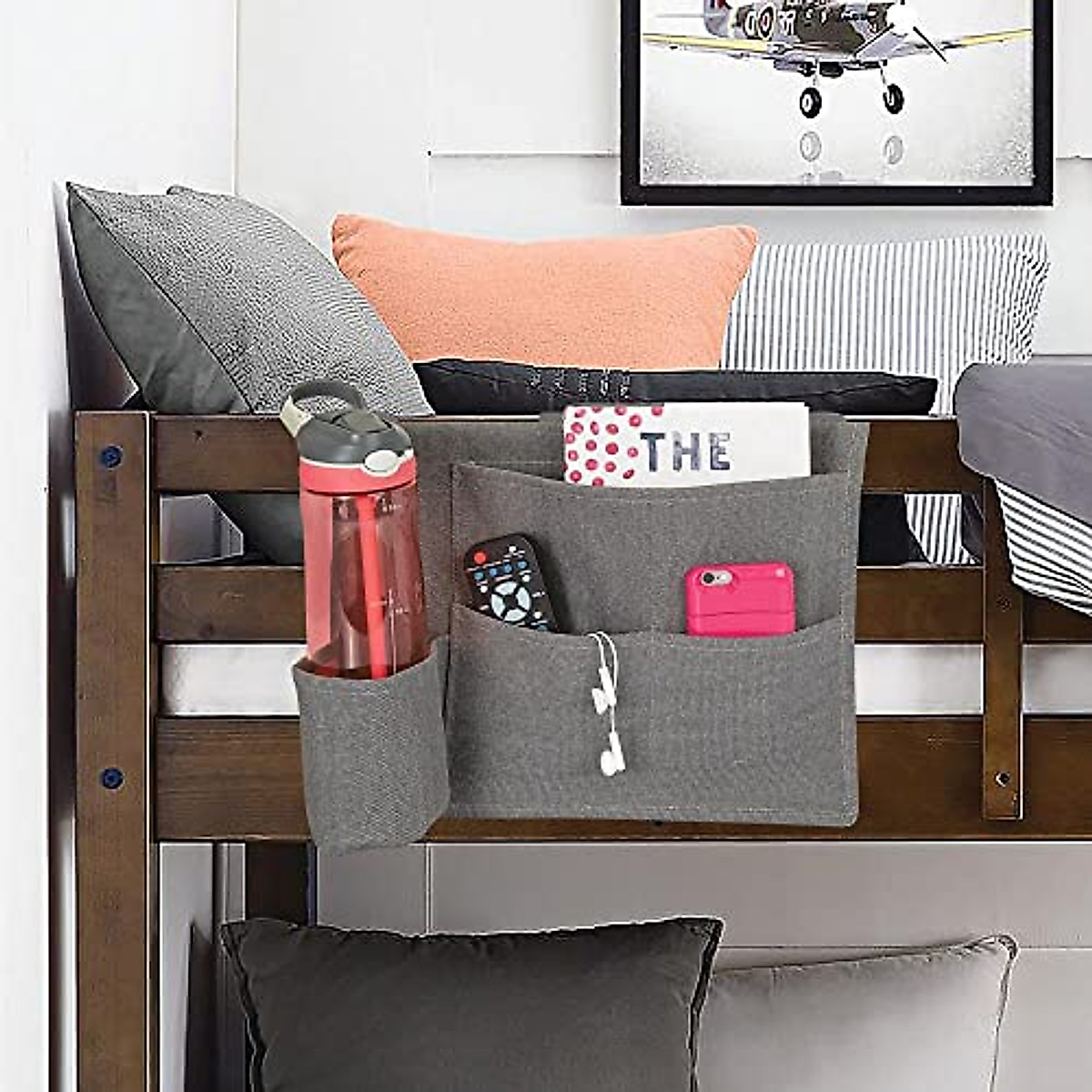 mDesign Cotton Canvas Bedside Hanging Storage Organizer Caddy for Dorm, Bedroom Bed Frame - 4 Pockets, 3 Loops - Holds Phone, Remote Control, Magazines, Bottle Drinks - Crane Collection -Charcoal Gray