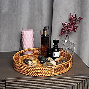 Round Rattan Serving Tray Decorative Woven Ottoman Trays for Coffee Table Natural Round Woven Tray (14 Inch)……
