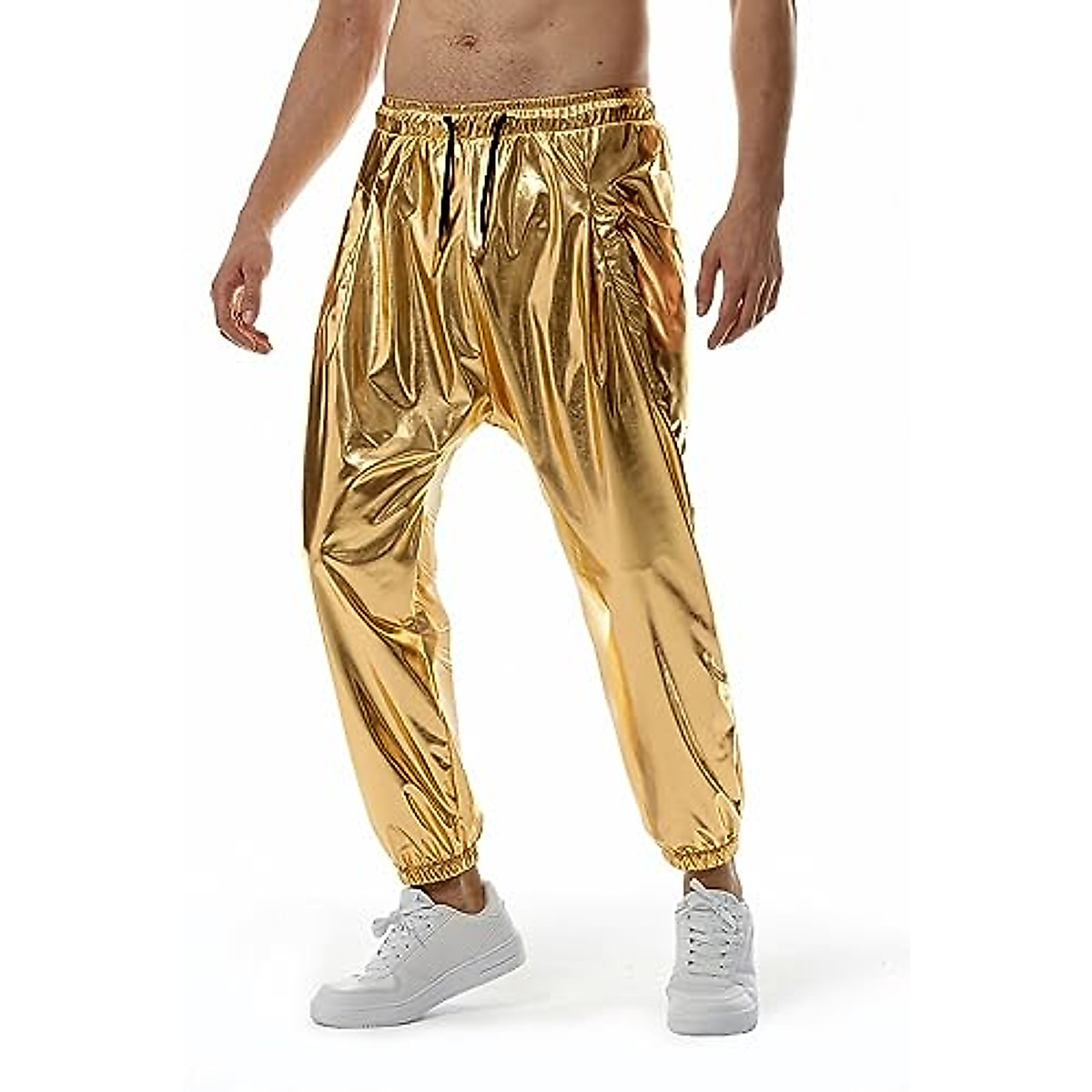 GRAJTCIN Metallic Shiny Jogger Sweatpants for Men 70s/80s Disco Party Rave Sequin Pants Elastic Trousers for Men with Pockets Solid Gold L