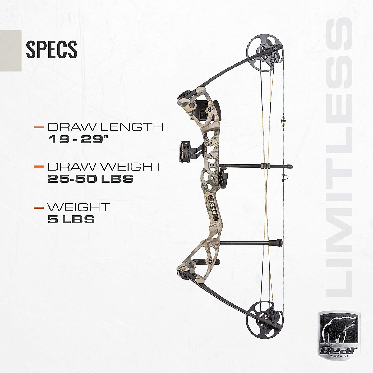 Bear Archery Limitless Dual Cam Compound Bow - includes Quiver, Sight and Rest, God's Country