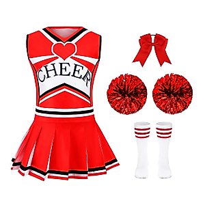 HAPNBCELE Cheerleader Outfit for Girls Cheer Uniform Cheerleading Pom Poms (Heart, 140)