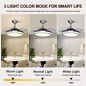 efperfect 48" Ceiling Fan Light Polished Chrome Clear Retractable Blades 3 Color Changes 3 Speeds LED Ceiling Fan with Remote Control for Living Room Bedroom Restaurant Kitchen