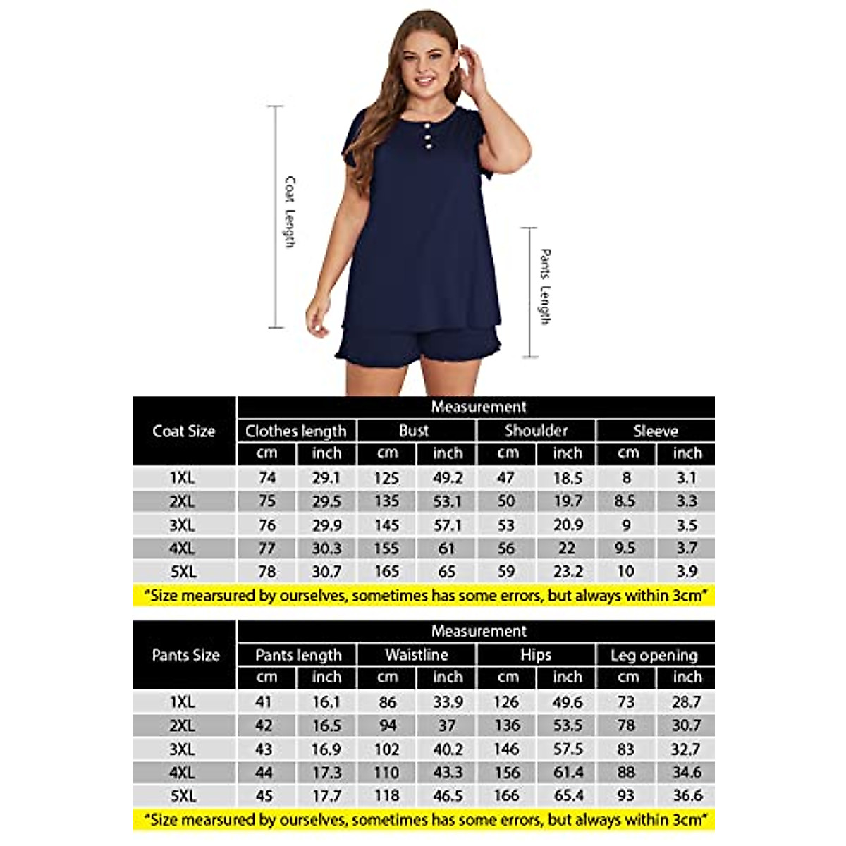 Celkuser Womens Plus Size Cute Short Pajama Set Ruffle Sleeve Button Sleepwear Soft PJs with Pocket CEL1002(cel1002,5XL,Navy)