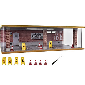 Otypus 1/24 Scale Model Car Display Case with Light, 1 24 Diecast Cars Storage Cases in Parking Lot Scene, Acrylic Toy Garage for Alloy Car Models (Red Brick-8 Parking Place)