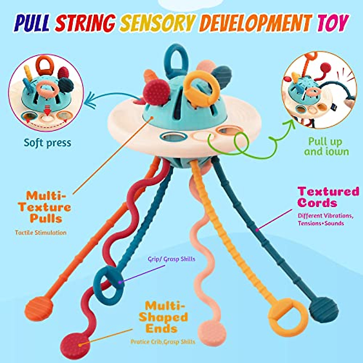 Baby Sensory Toys, Montessori Pull String Airplane Travel Toys for Toddlers 1-3, Montessori Toys for Babies 6-12 Months UFO Silicone Pull String Activity Toy Dawnier Pull Toy
