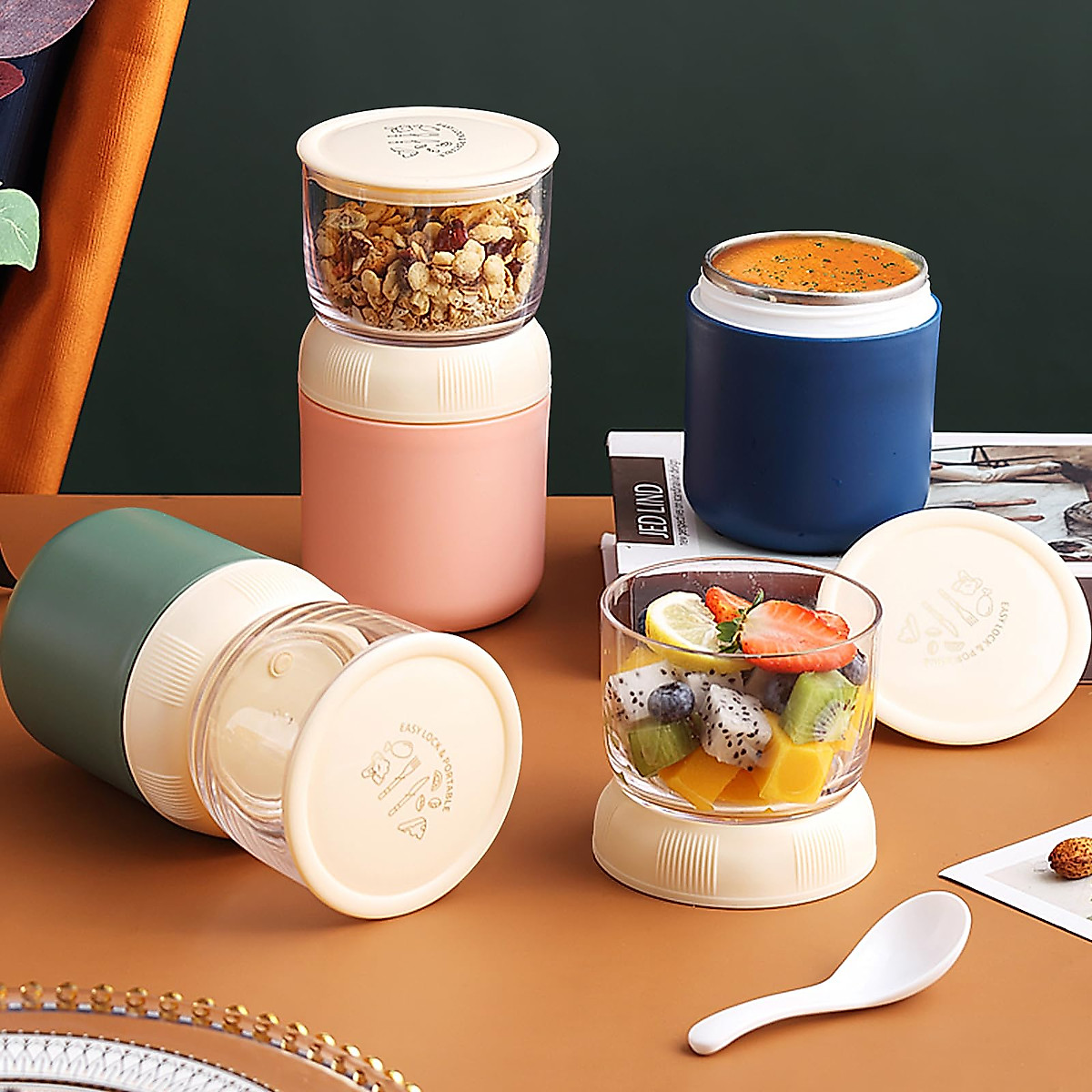 10 oz+13.8 oz Snack Cup, Reusable Overnight Oats Container with Leak-Proof Design, Toppings Compartment, and Dual-Sealing Lid, Portable & Lightweight for Work, Travel, Gym - Dishwasher Safe (Pink)