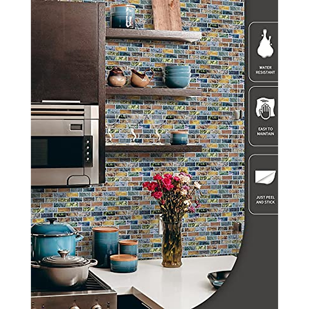 Art3d 10-Piece Peel & Stick Kitchen/Bathroom Backsplash Tiles, 12" X 12" Colorful Marble Tile Design