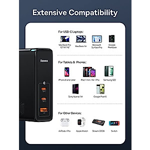 Baseus USB C Charger, 140W Wall Charger PD 3.1 with 3.3ft USB C to C Cable, 3-Port GaN5 Charger for Laptops, iPad, iPhone 14/13 Series, Galaxy, MacBook Pro 16'', Steam Deck, Black