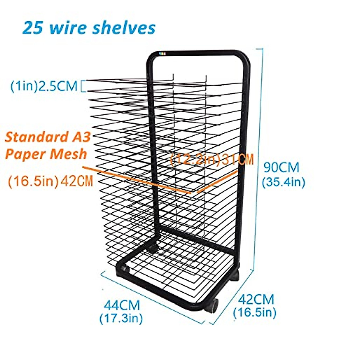 Art Drying Rack, Metal Mobile Classroom Painting Drying Rack with Wire Shelves, Black Artwork Storage Drying Stand with Wheels for Art Studios and Home Use, 4 Sizes (Size : 25 Layers)