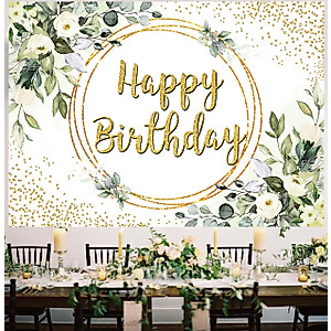 Green Happy Birthday Backdrop Greenery Succulent and Gold Eucalyptus Green Leaves Photography Background Jungle Boys Girl Women Baby Shower Birthday Party Decor Banner (7X5FT(82x59inch))