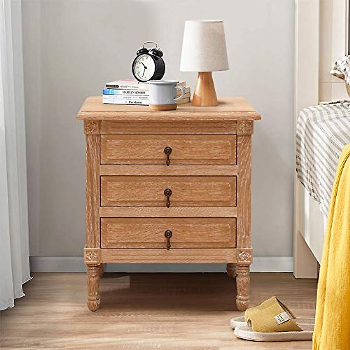 Crestlive Products Oak Nightstand with 3 Drawers, Wood Bedside Table Cabinet, Bedroom Furniture with Solid Wood Legs, Large Storage Space, Accent End Table for Home Office (1PC Oak)
