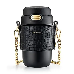 Genodiia 13OZ Kawaii Double Wall Stainless Steel Vacuum Cup Water Bottle With PU Leather Sleeve Insulator And Metal Chain Shoulder Carrying Strap For Travel To-Go Gifts Ladies Girls, Yellow