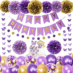 Ouddy Party Purple Birthday Decorations for Women Girls Butterfly Hanging Garland Happy Birthday and Circle Dots Banner Purple Gold Balloons Paper Flowers Cake Toppers for Birthday Party Supplies