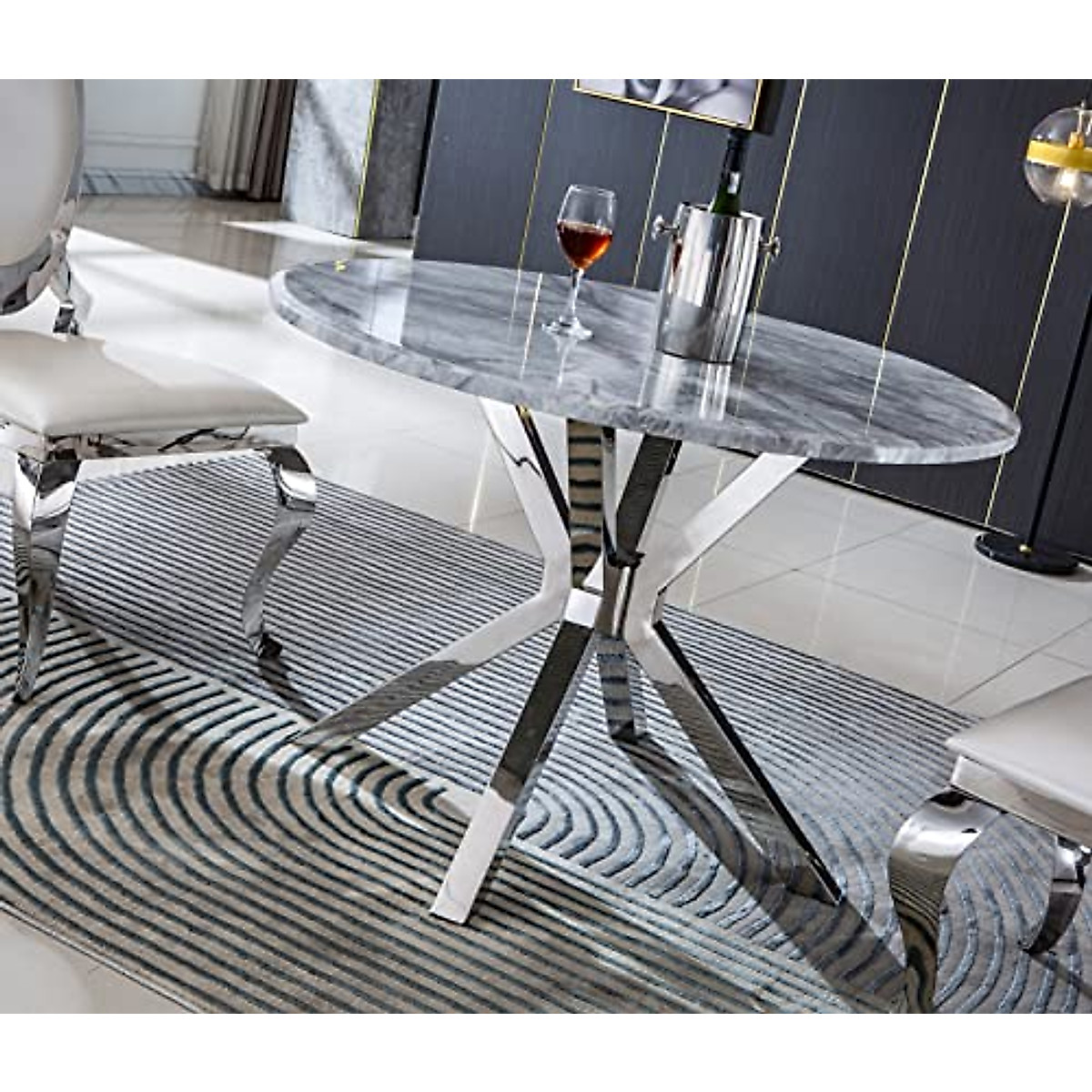 Melpomene 42" Round Marble Table with Chrome Plated Stainless Steel Base for Apartment Dining Room and Kitchen(Grey)