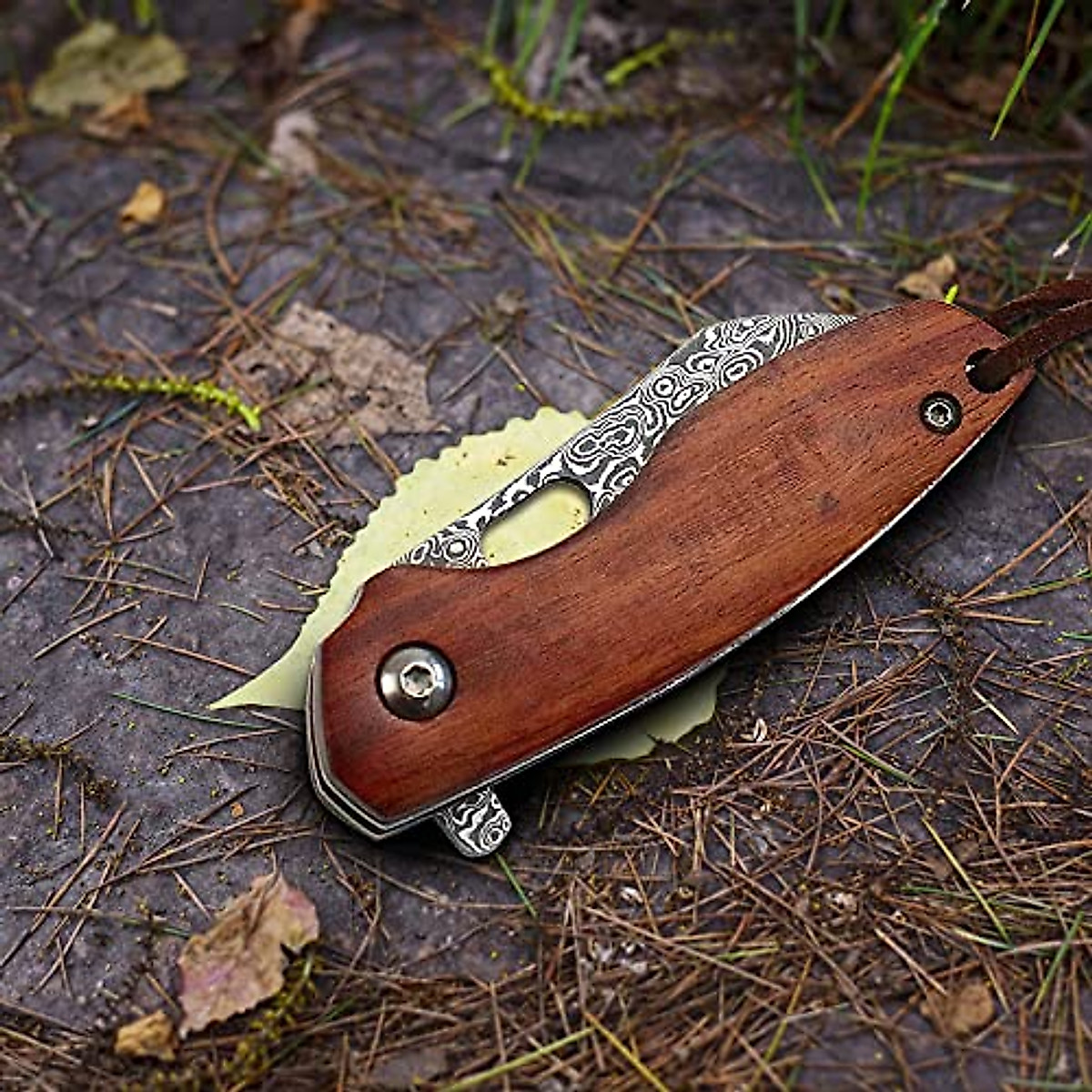 CHELONIAN Mini Damascus Outdoor Pocket Knives with Liner Lock Wood Handle,Gift Box
