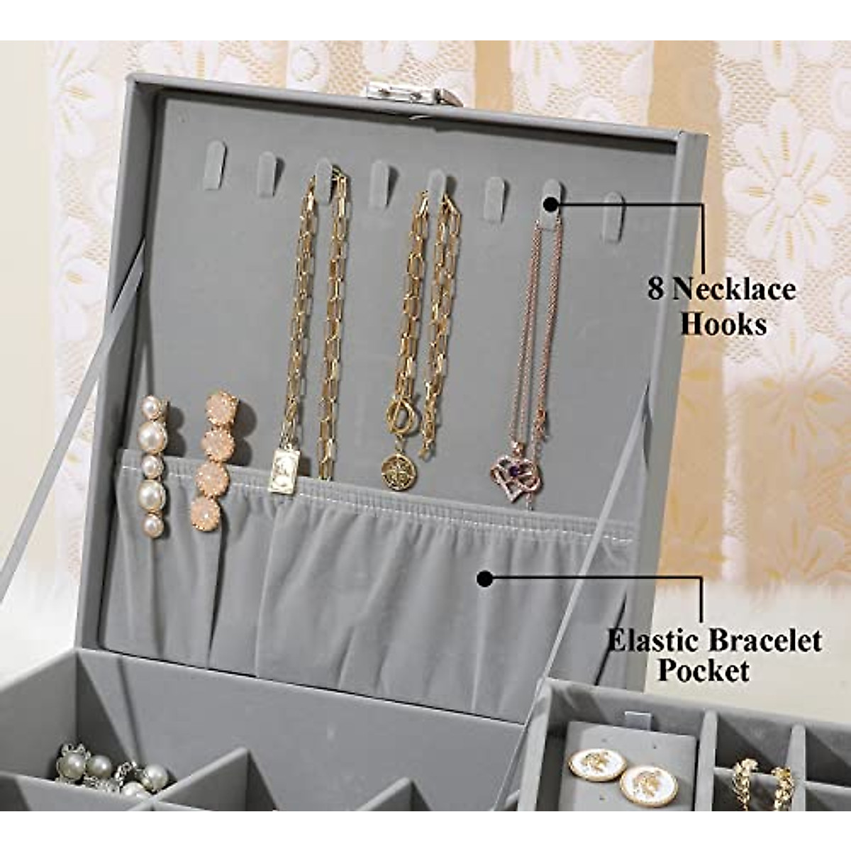 misaya Jewelry Boxes for Women, Jewelry Organizer with Lock and Key, Birthday and Back To School Gift, 2-Layer Jewelry Holder for Earring Ring Necklace, Grey
