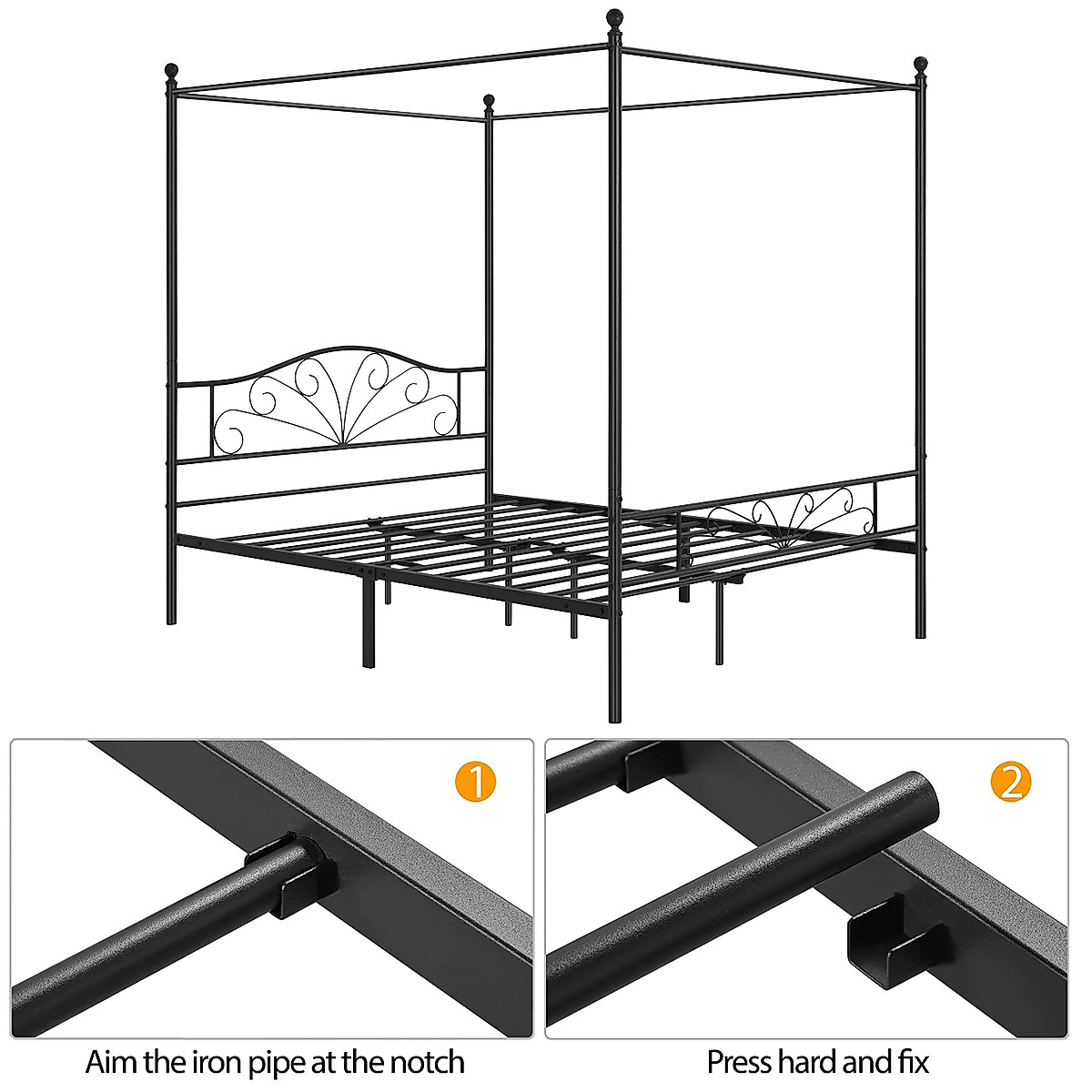 Yaheetech Queen Canopy Bed Frames Graceful Scroll Metal Canopy Bed/Four-Poster Canopied Platform Bed with Arched Headboard/Solid Slats/Underbed Storage Space/No Box Sring Needed/Ball Finals, Black